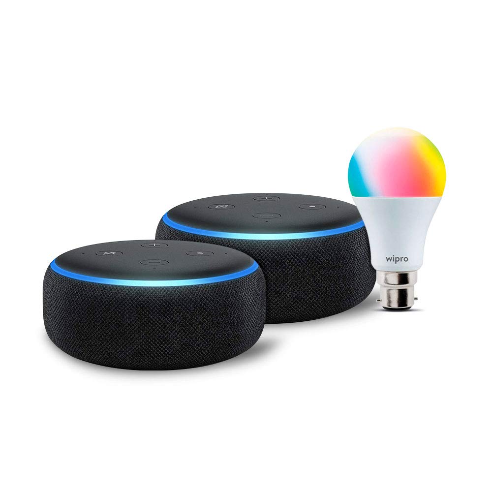 Echo Dot (3rd Gen) gift twin pack with Wipro 9W LED smart Bulb
